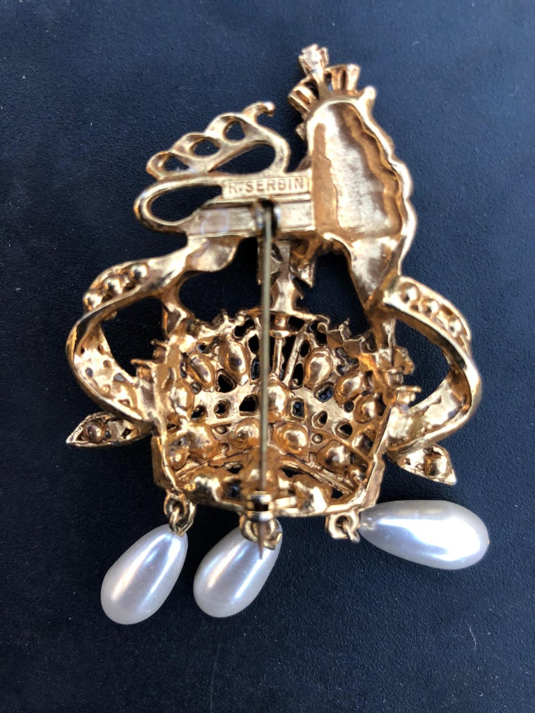 1984 R. Serbin Crystal Rampant Lion Royal Crest Brooch Pin with Pearl ...