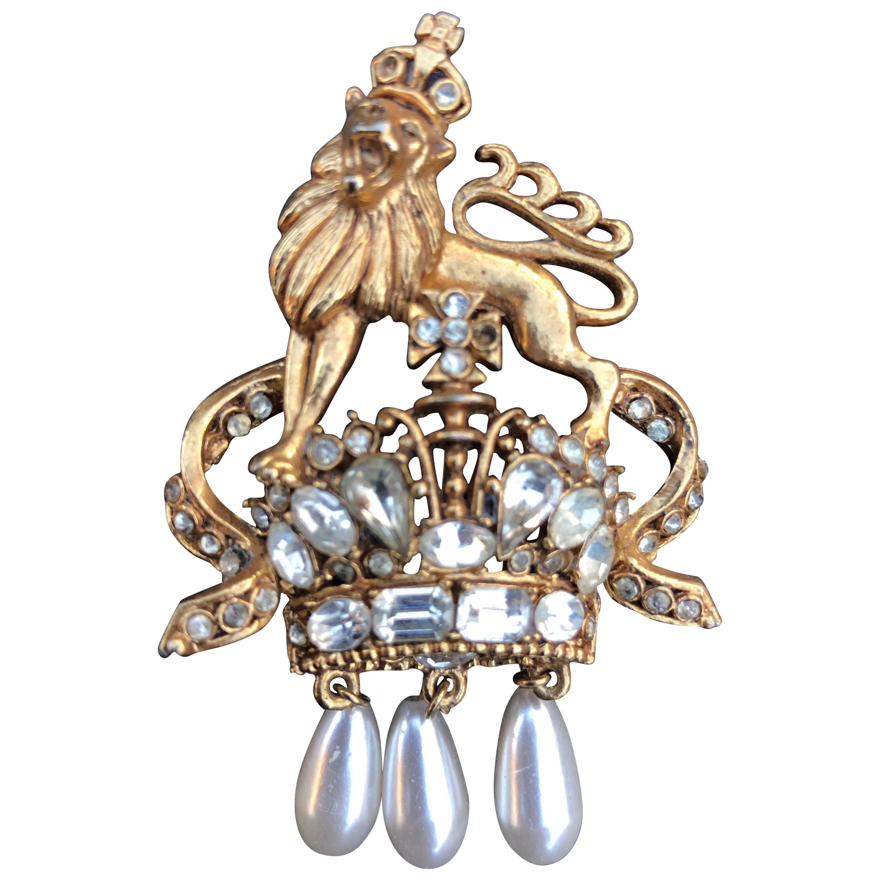 1984 R. Serbin Crystal Rampant Lion Royal Crest Brooch Pin with Pearl ...