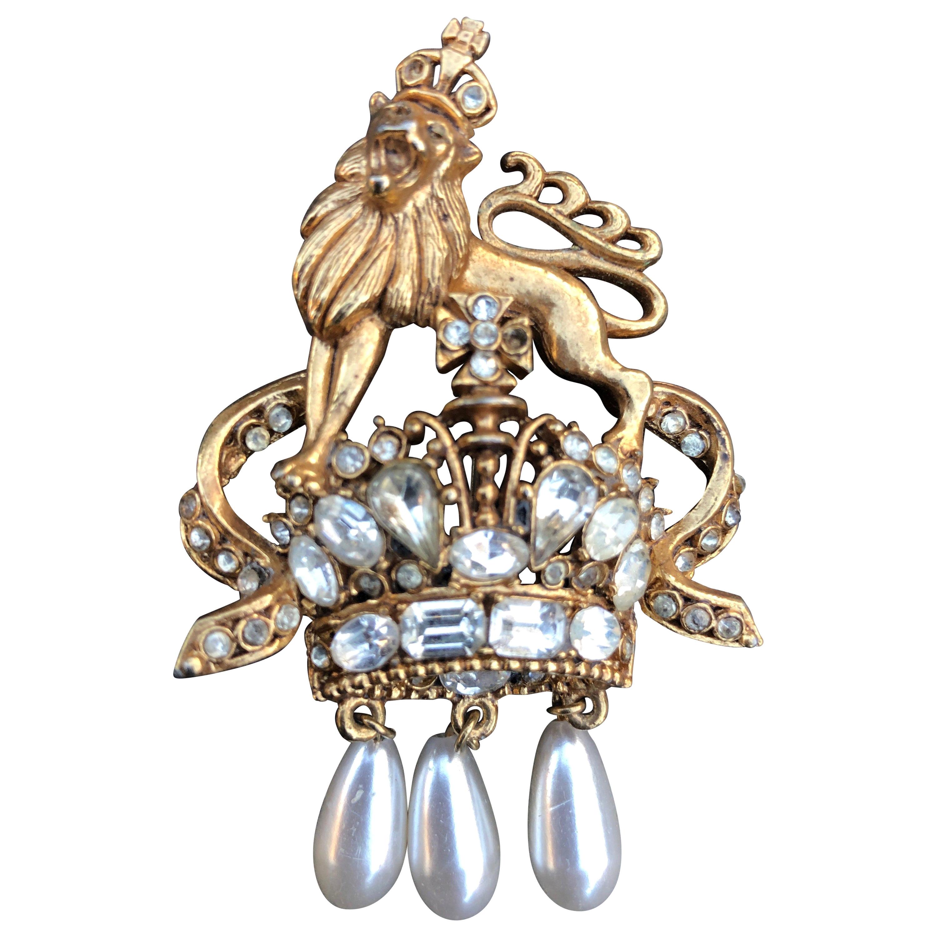 1984 R. Serbin Crystal Rampant Lion Royal Crest Brooch Pin with Pearl ...