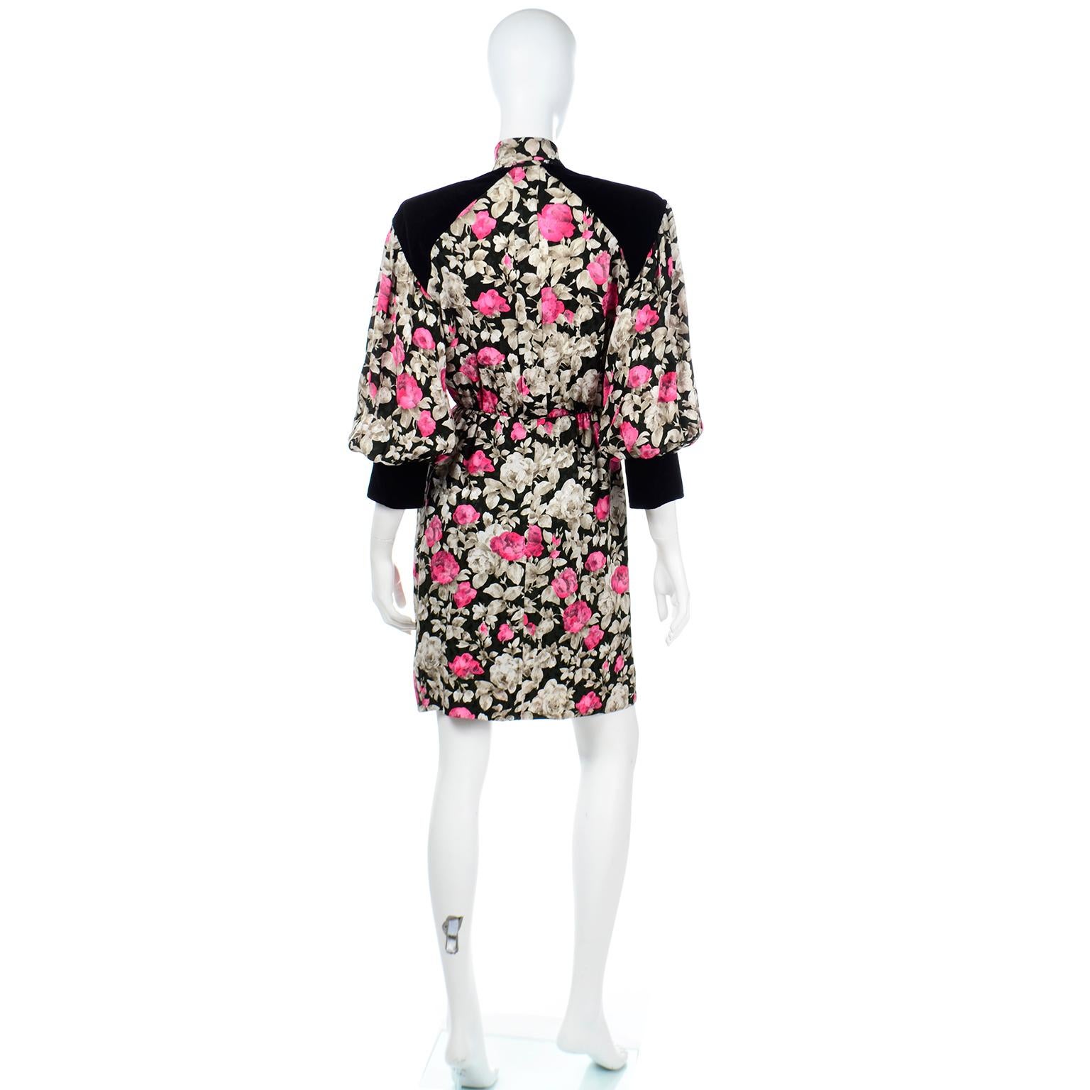 1984 Yves Saint Laurent Floral Silk Runway Dress w Black Velvet Trim ...