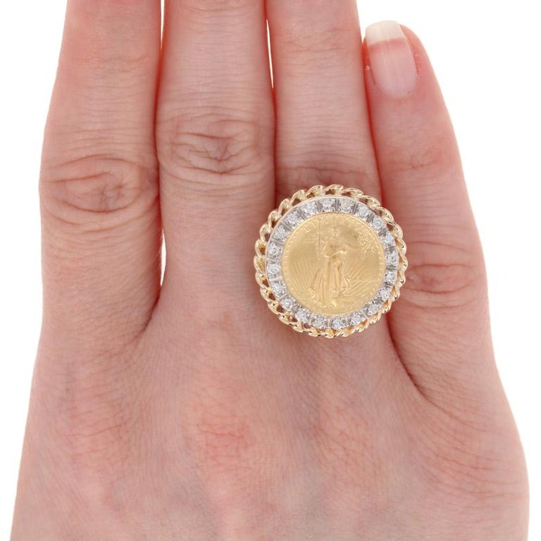1987 American Eagle $5 Coin Ring, 14k and 22k Yellow Gold Diamond Halo ...