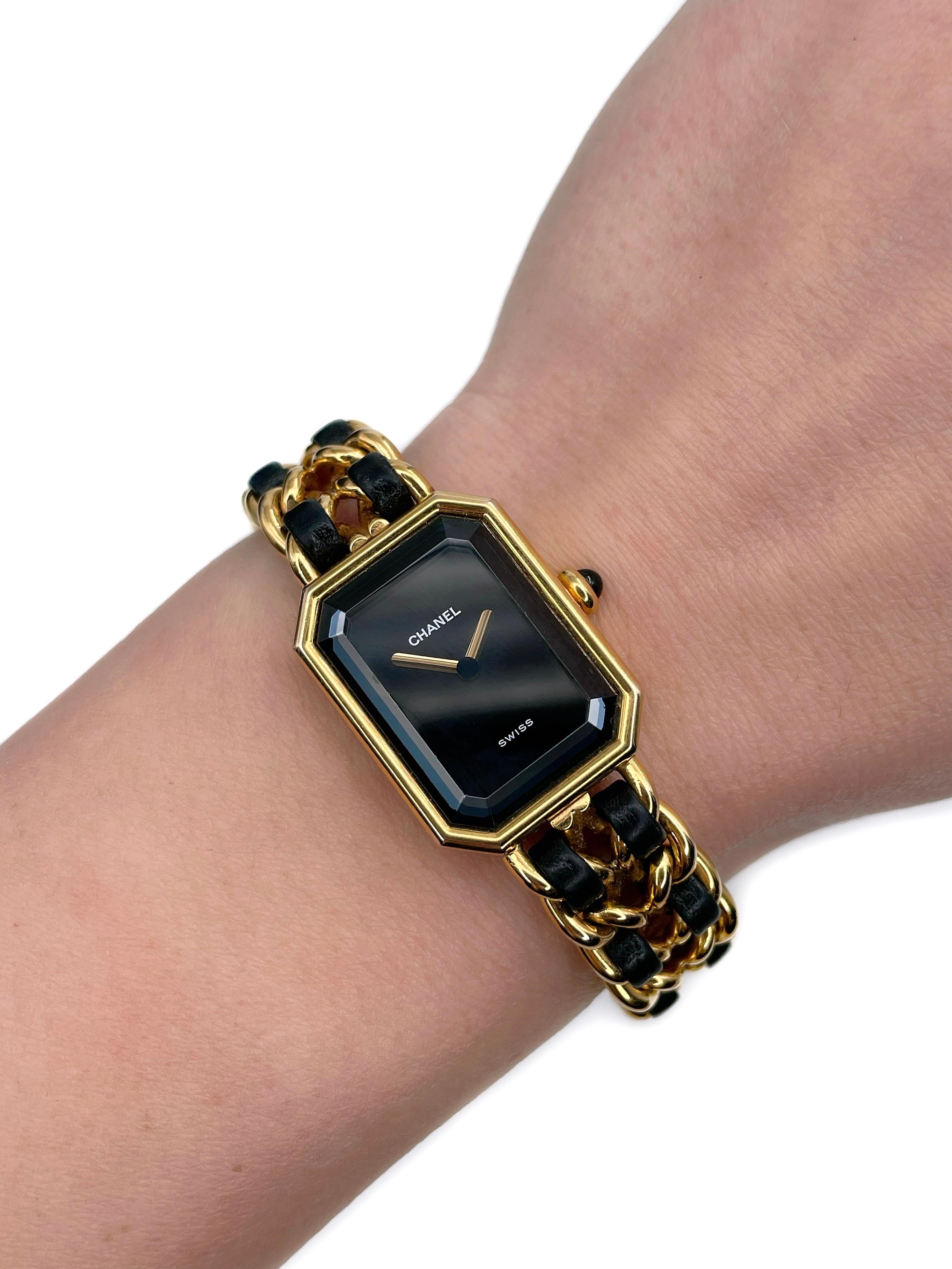 1987 Chanel Premiere Gold Tone Chain Black Leather Quartz Wrist Watch ...