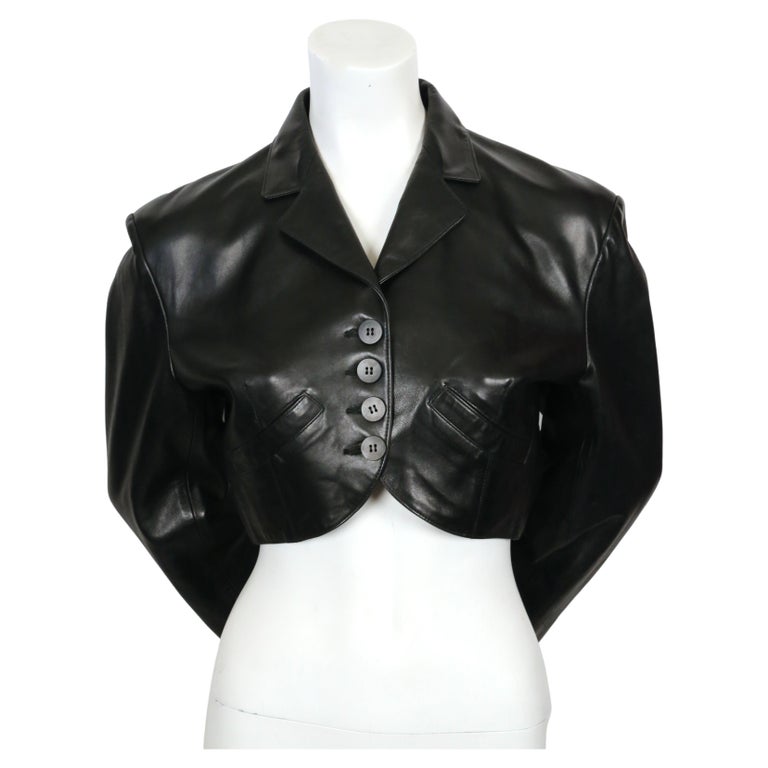 1988 AZZEDINE ALAIA cropped black leather jacket with curved pockets ...
