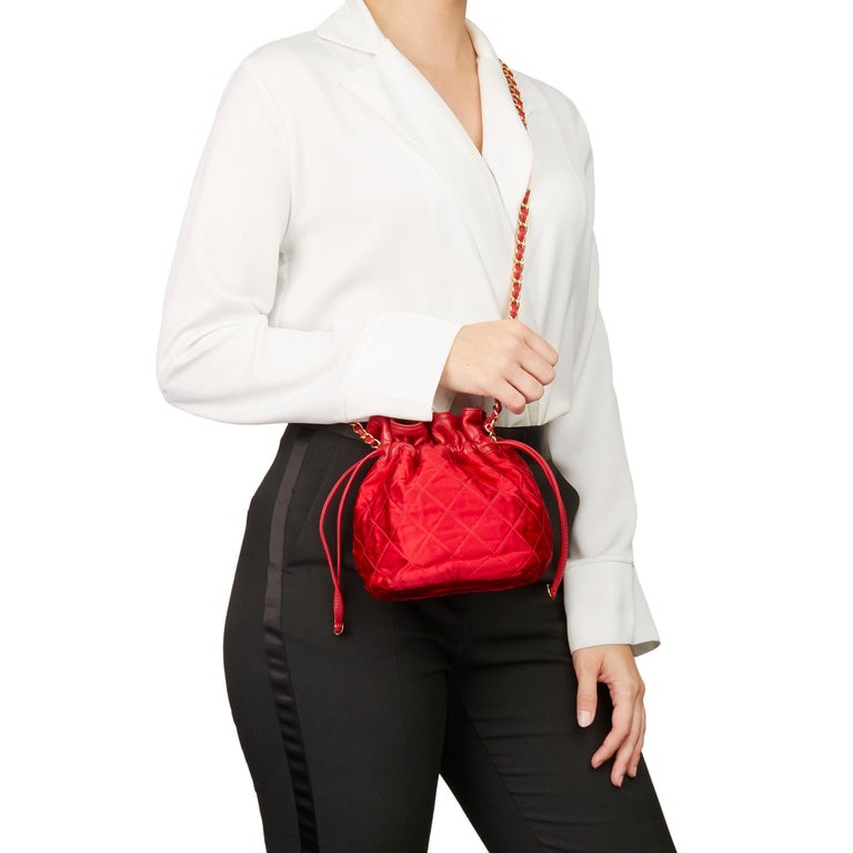 1988 Chanel Red Quilted Satin and Lambskin Vintage Timeless Bucket Bag ...