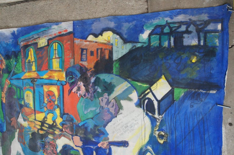 1988 David Devaul Mixed Media Street Fight in Sparta Gunfire Mural Art ...