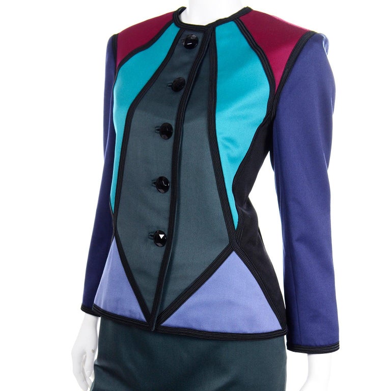 1988 Runway Yves Saint Laurent Geometric Color Block Suit w Jacket and ...