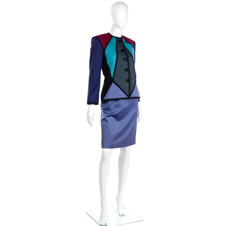 1988 Runway Yves Saint Laurent Geometric Color Block Suit w Jacket and ...
