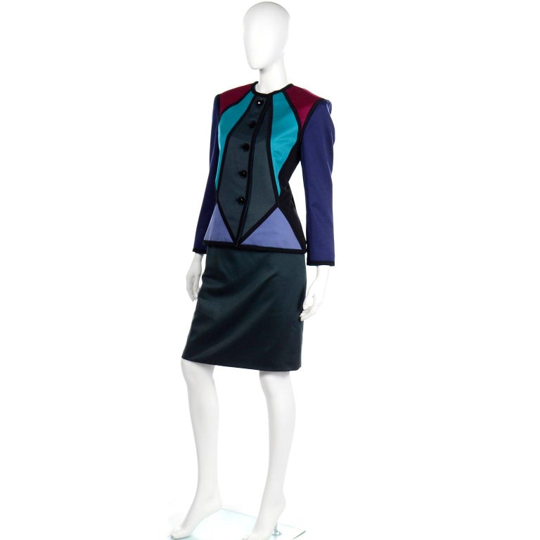1988 Runway Yves Saint Laurent Geometric Color Block Suit w Jacket and ...