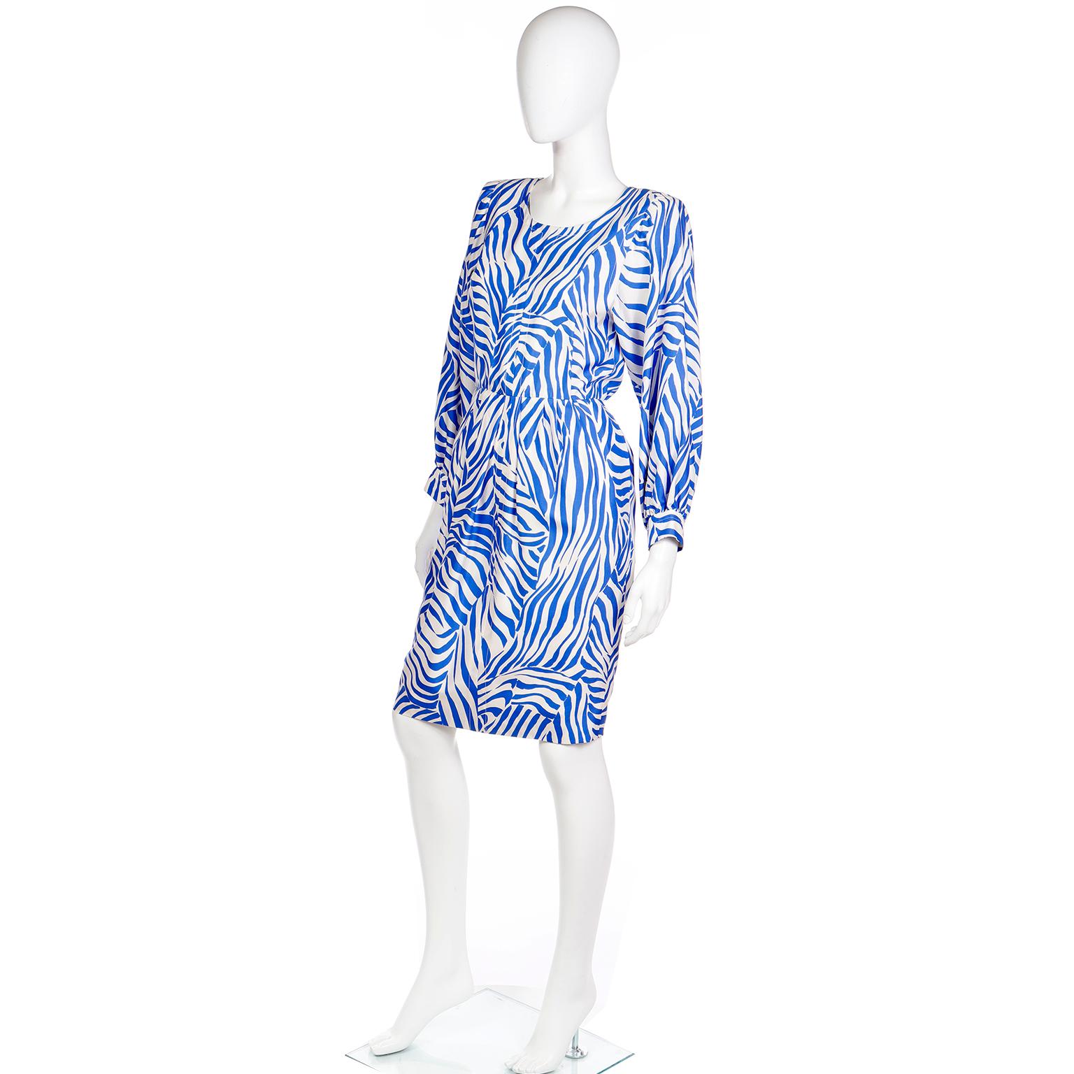 1988 Yves Saint Laurent Blue and White Abstract Stripe Silk Dress at ...