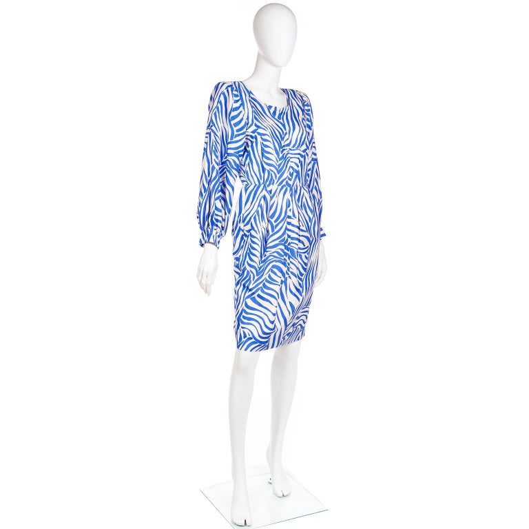 1988 Yves Saint Laurent Blue and White Abstract Stripe Silk Dress For ...