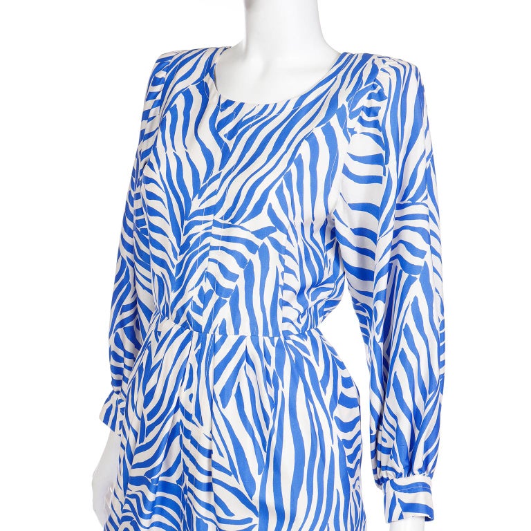 1988 Yves Saint Laurent Blue and White Abstract Stripe Silk Dress For ...
