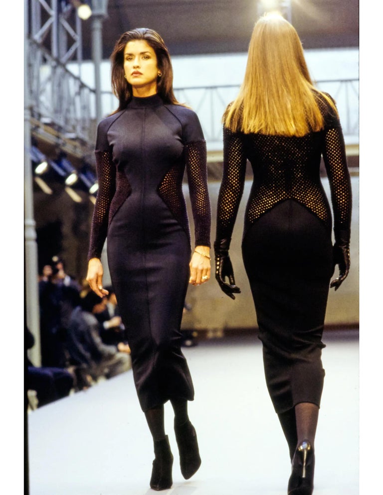 1989 AZZEDINE ALAIA black RUNWAY dress with sheer chenille panels For ...