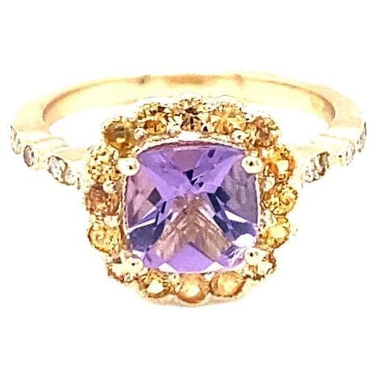 1.99 Carat Cushion Cut Amethyst Diamond Sapphire 14K Yellow Gold Ring ...