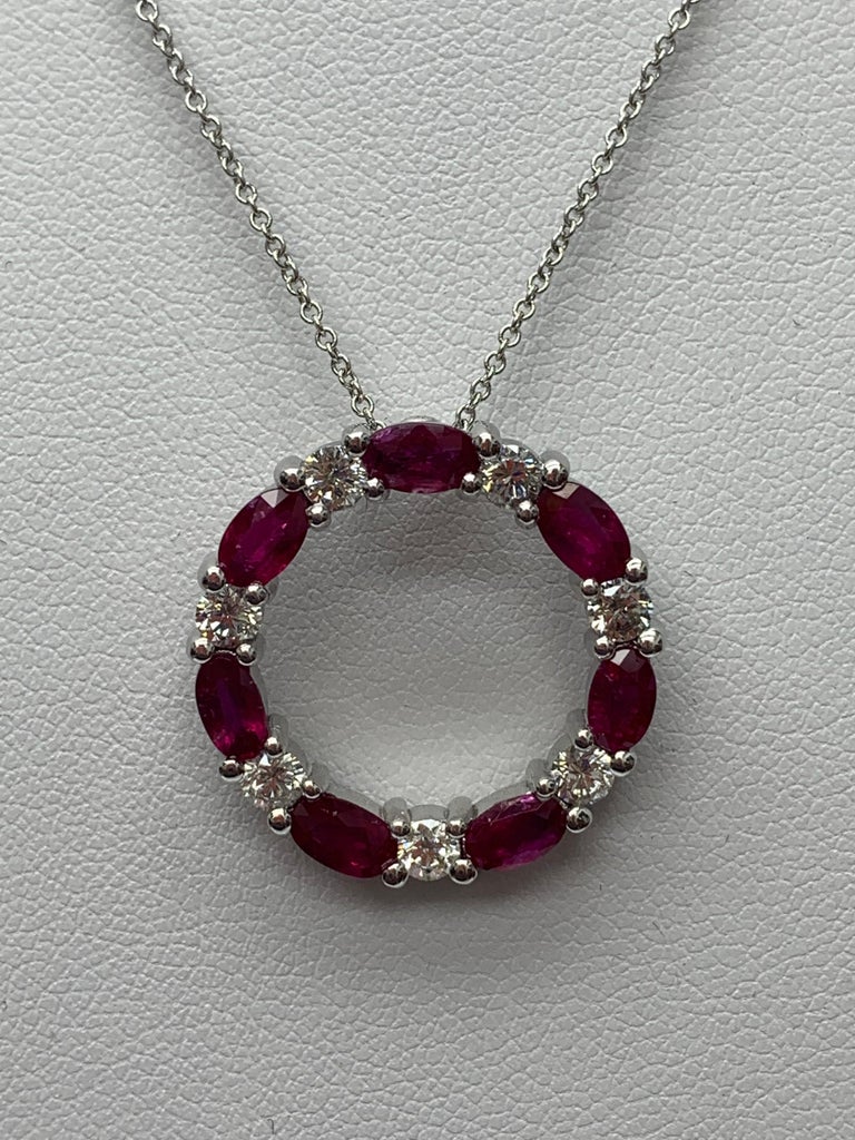 1.99 Carat Ruby and Diamond Circle Pendant Necklace in 14k White Gold ...