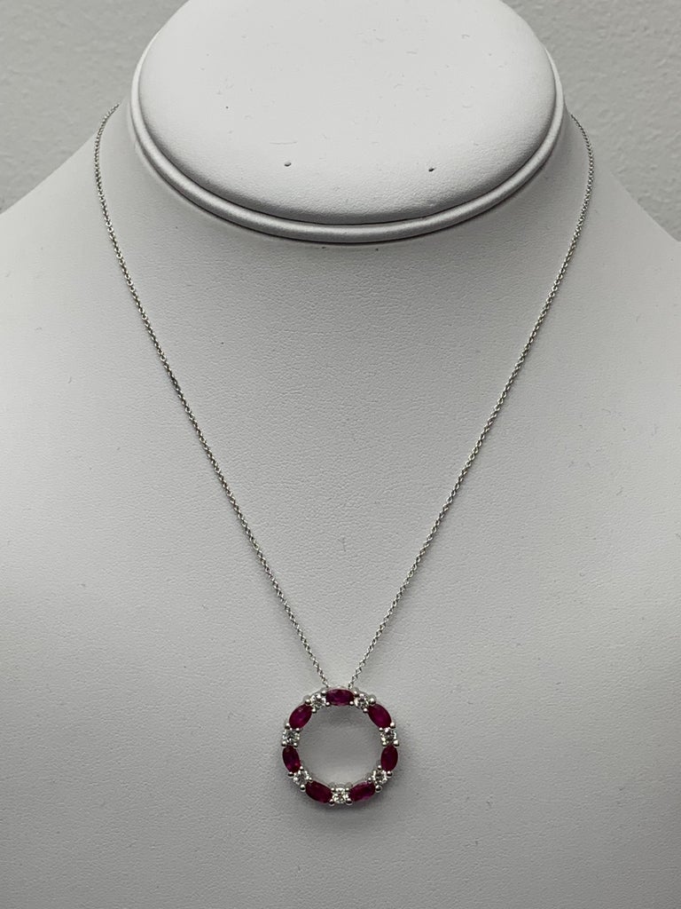 1.99 Carat Ruby and Diamond Circle Pendant Necklace in 14k White Gold ...