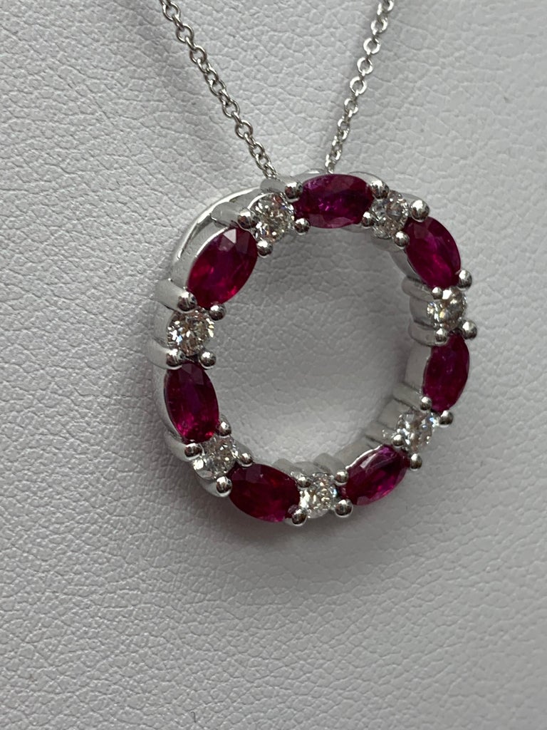 1.99 Carat Ruby and Diamond Circle Pendant Necklace in 14k White Gold ...