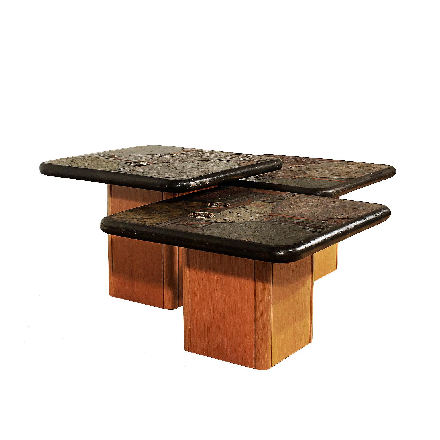 1990, 3 Coffee Tables Set by Kneip, Oak, Slate, Copper, Brass Marquetry ...