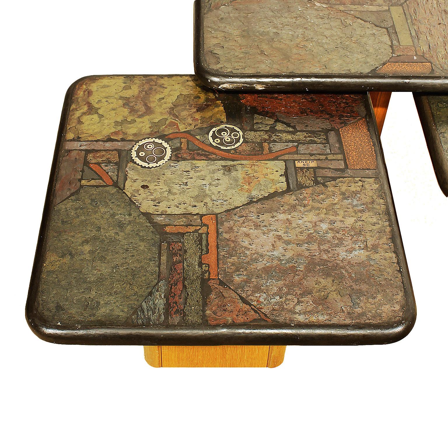 1990, 3 Coffee Tables Set by Kneip, Oak, Slate, Copper, Brass Marquetry ...