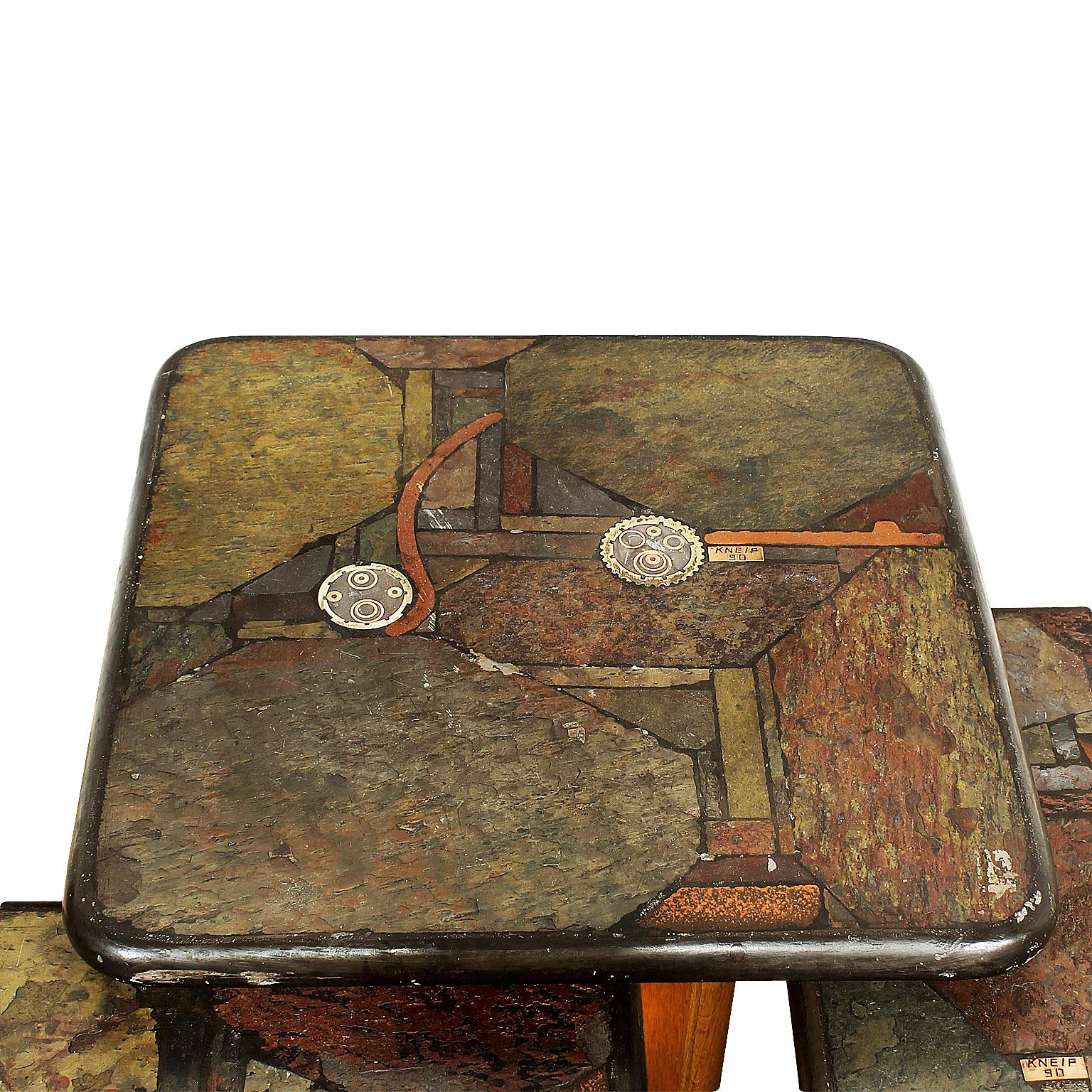 1990, 3 Coffee Tables Set by Kneip, Oak, Slate, Copper, Brass Marquetry ...