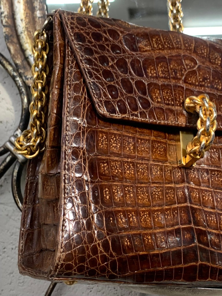 1990 Paloma Picasso Brown Alligator Shoulder Bag w Heavy Rope Chain ...