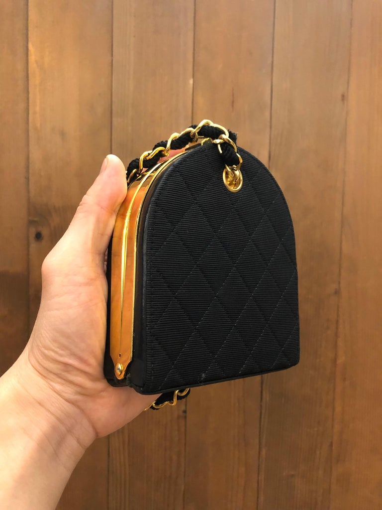 1990 Vintage CHANEL Black Quilted Canvas Mini Box Clutch Bag For Sale ...