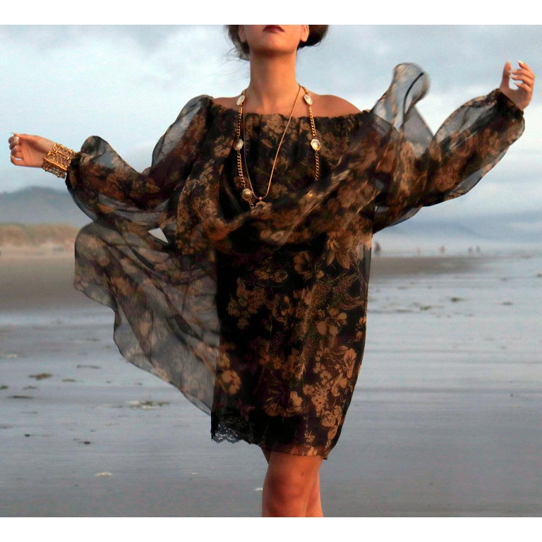 1990 Yves Saint Laurent Black and Gold Chiffon Dress With Sheer Balloon ...