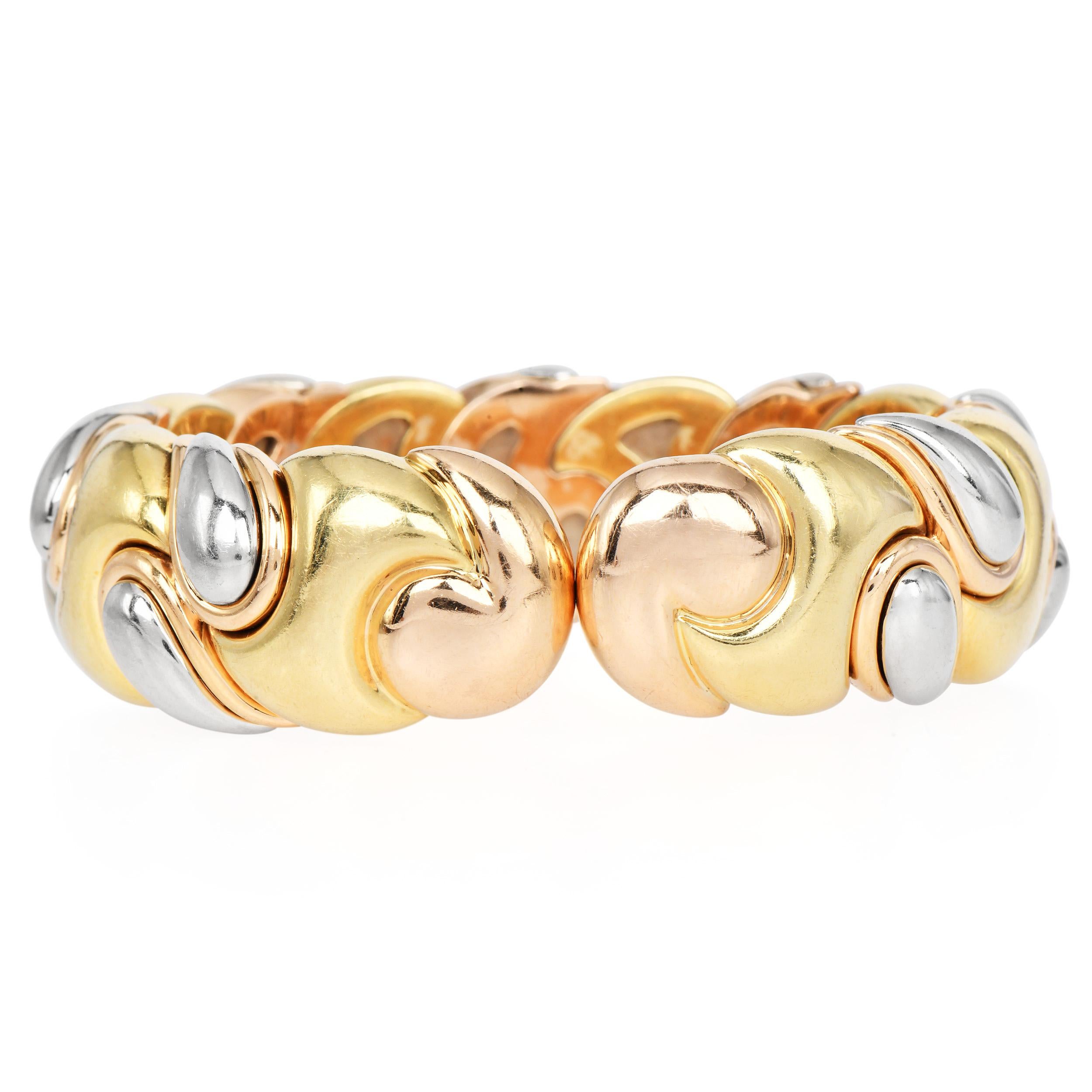 1990s 18K Tri-Tone Gold Teadrop Pattern Wide Cuff Bangle Bracelet For ...