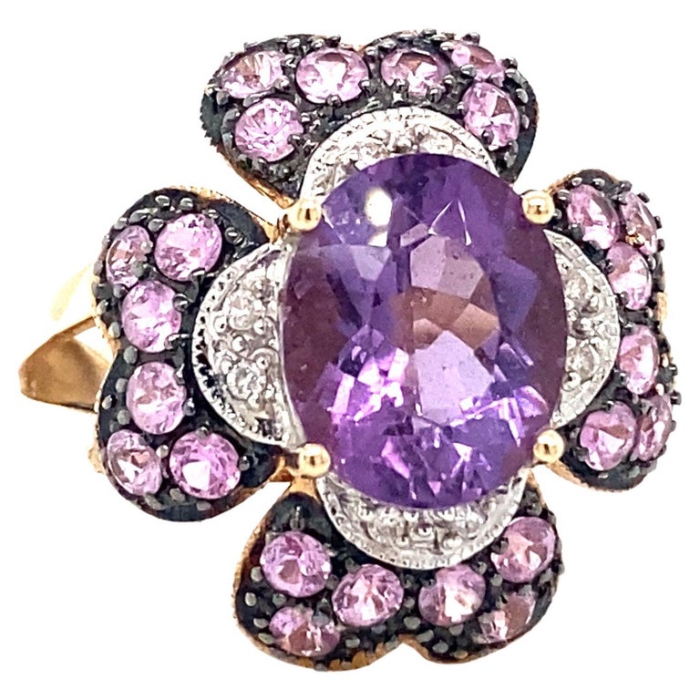 1990s Amethyst and Diamond Flower Cocktail Ring in 14 Karat Gold For ...