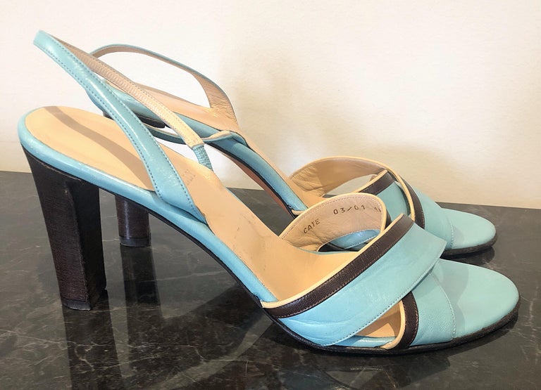 1990s Bally Sz 10 40 5 Robins Egg Blue Leather Vintage Stacked Heel