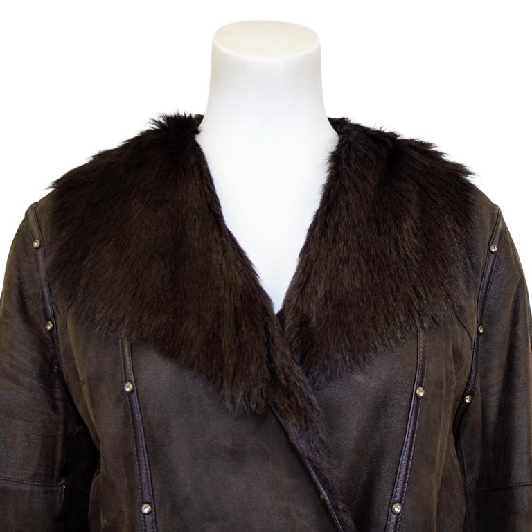 1990s Balmain Brown Leather and Fur Coat with Rhinestones For Sale at ...