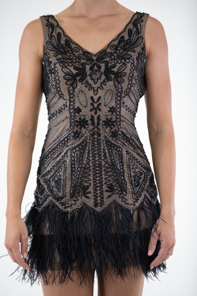 1990S Beaded Nylon Mesh 20'S Style Cocktail Dress With Ostrich Feather ...