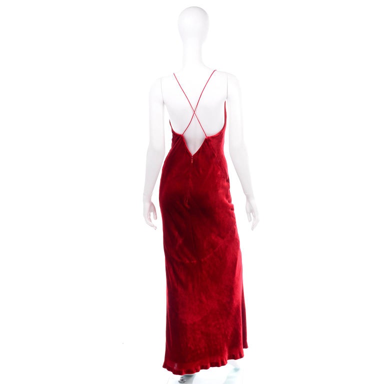 1990s Bill Blass Dress Vintage Red Velvet Bias Cut Evening Gown With