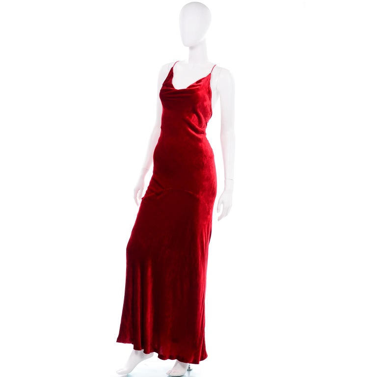 1990s Bill Blass Dress Vintage Red Velvet Bias Cut Evening Gown With