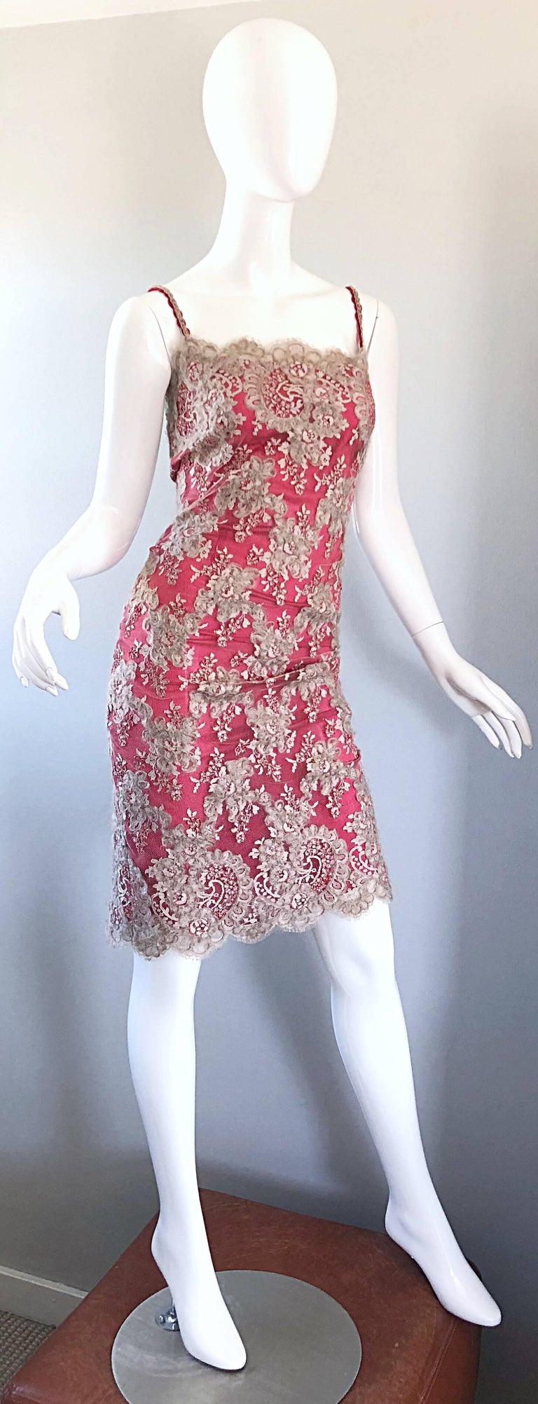 1990s Bill Blass Size 8 10 Raspberry Pink Beige Silk Chiffon + Mohair ...