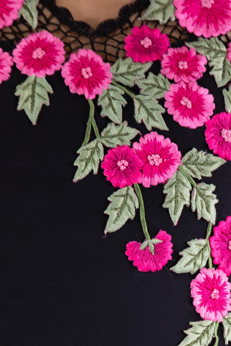 1990S Black Dress With Pink Embroidered Flower Detail For Sale at 1stDibs