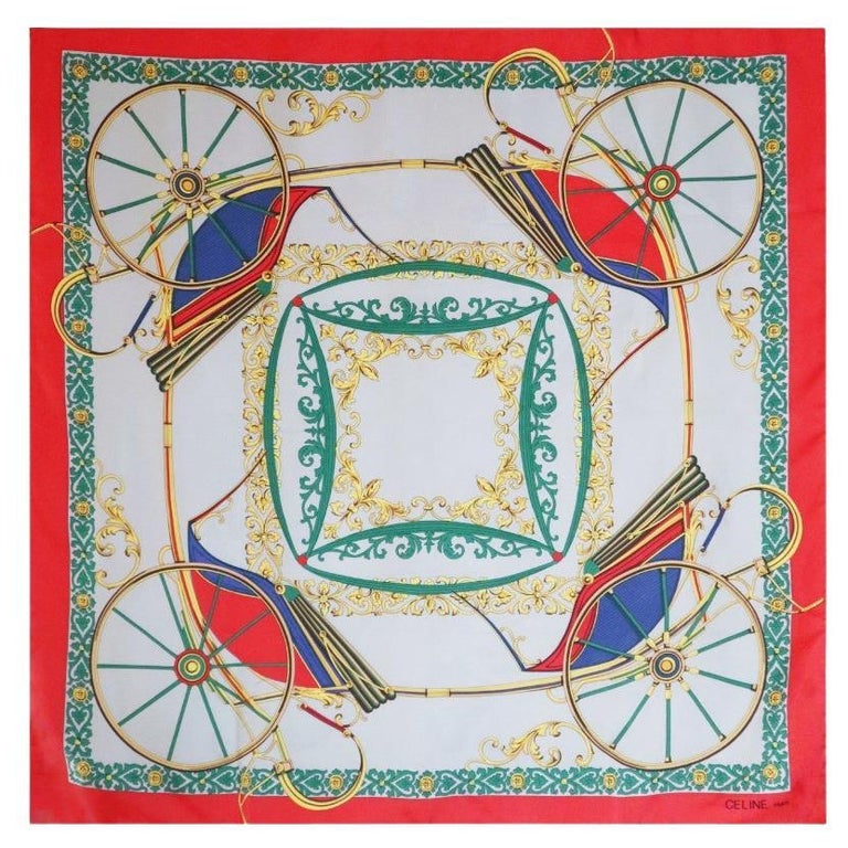 1990's CELINE Red Carriage Silk Printed Women's Vintage Scarf Scarves ...