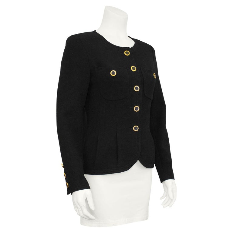 1990s Chanel Black Collarless Jacket with Gold Buttons For Sale at 1stDibs