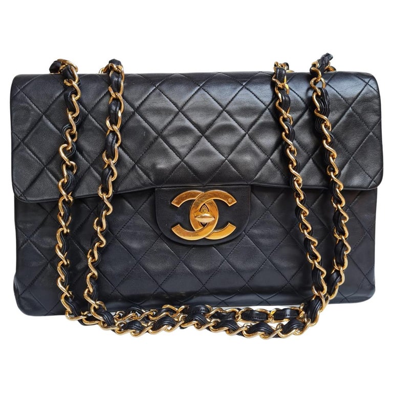 1990s Chanel Black Lambskin Leather Maxi Flap Bag For Sale at 1stDibs