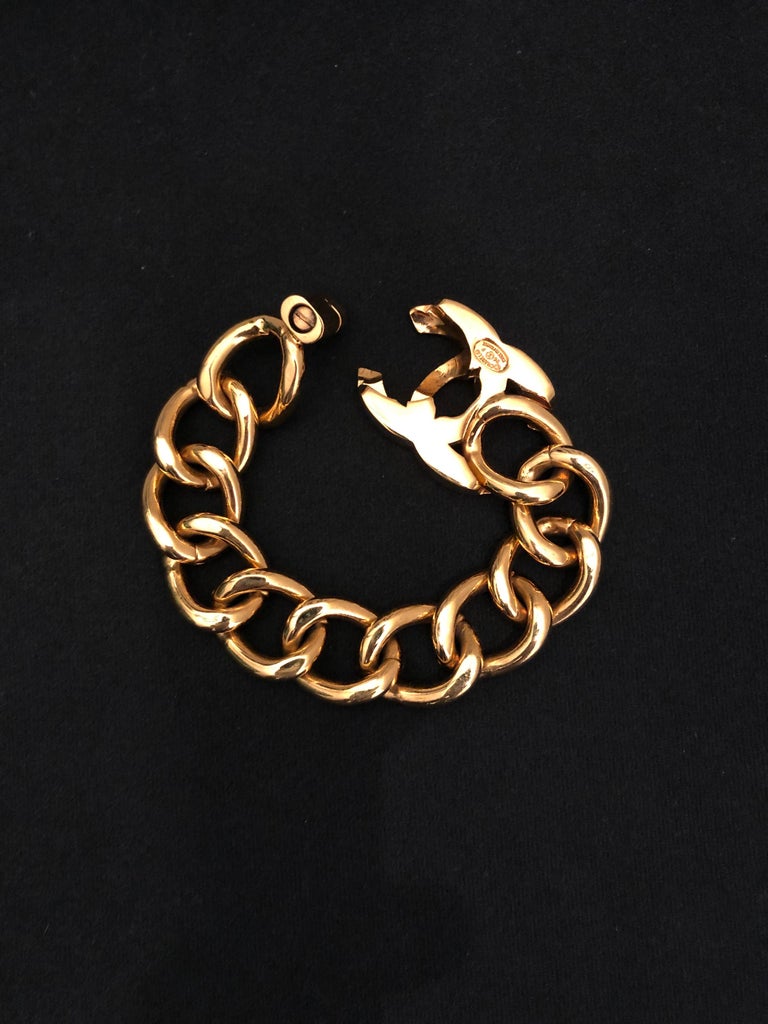 1990s Vintage CHANEL Jumbo Gold Toned Turnlock Chain Bracelet at 1stDibs
