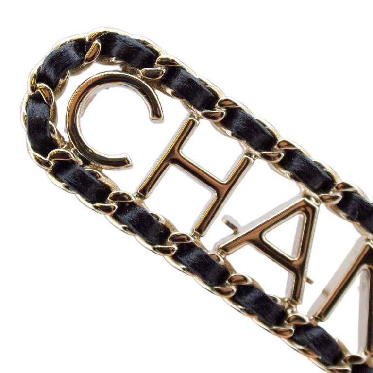1990s Chanel Silver Metal and Black Leather Hair Barrette For Sale at ...
