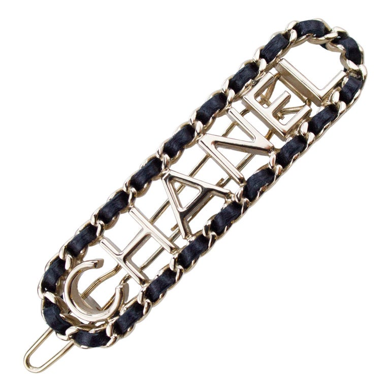 1990s Chanel Silver Metal and Black Leather Hair Barrette For Sale at ...