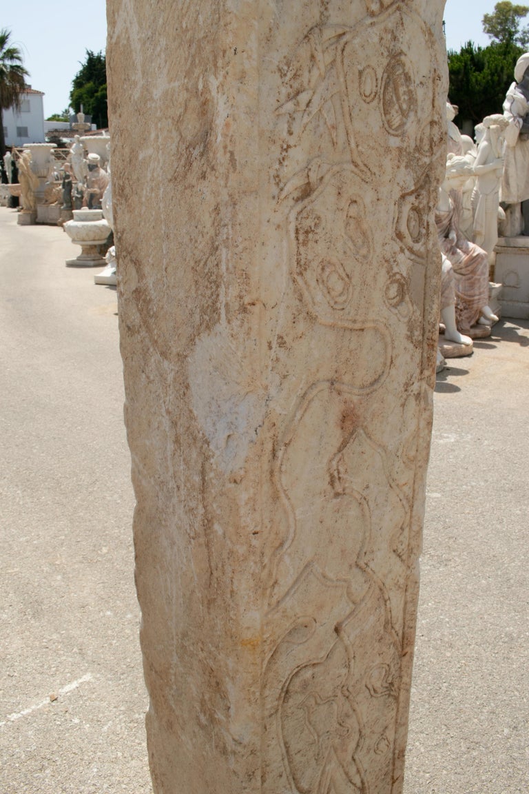 1990s Chinese Hand Carved Marble Square Pillar Decorated with Flowers ...