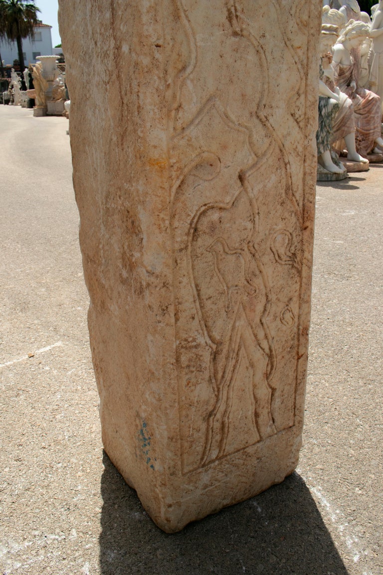 1990s Chinese Hand Carved Marble Square Pillar Decorated with Flowers ...