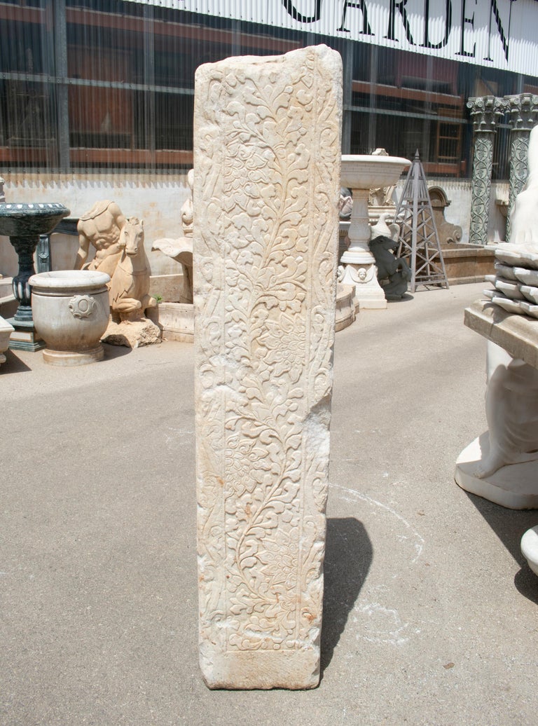1990s Chinese Hand Carved Marble Square Pillar Decorated with Flowers ...