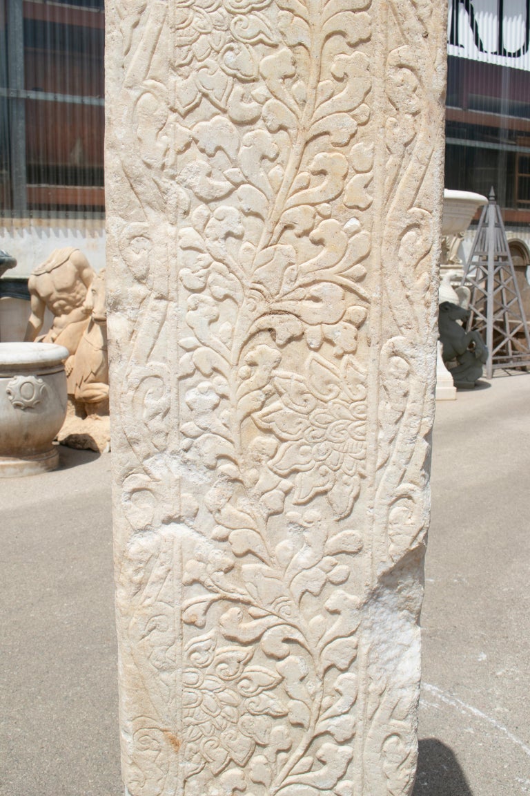 1990s Chinese Hand Carved Marble Square Pillar Decorated with Flowers ...
