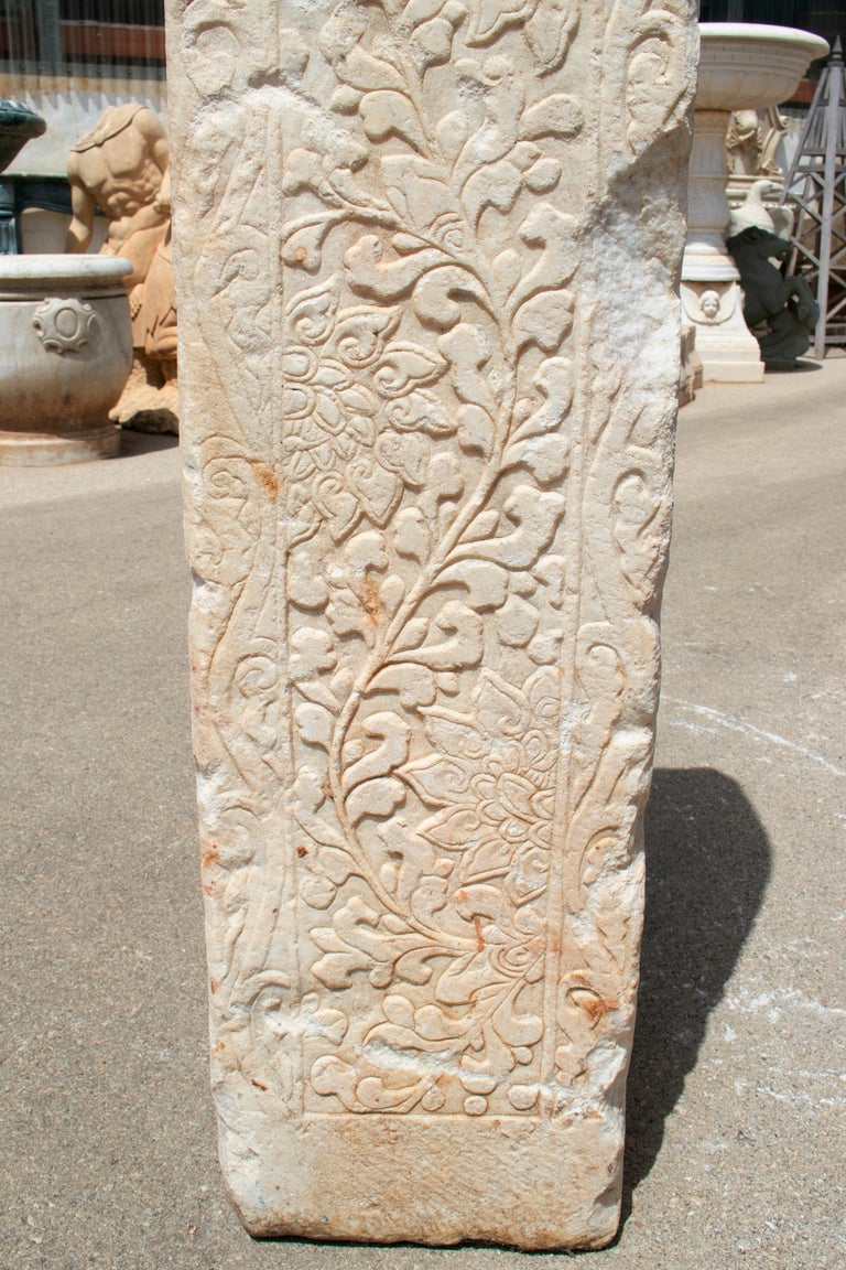 1990s Chinese Hand Carved Marble Square Pillar Decorated with Flowers ...