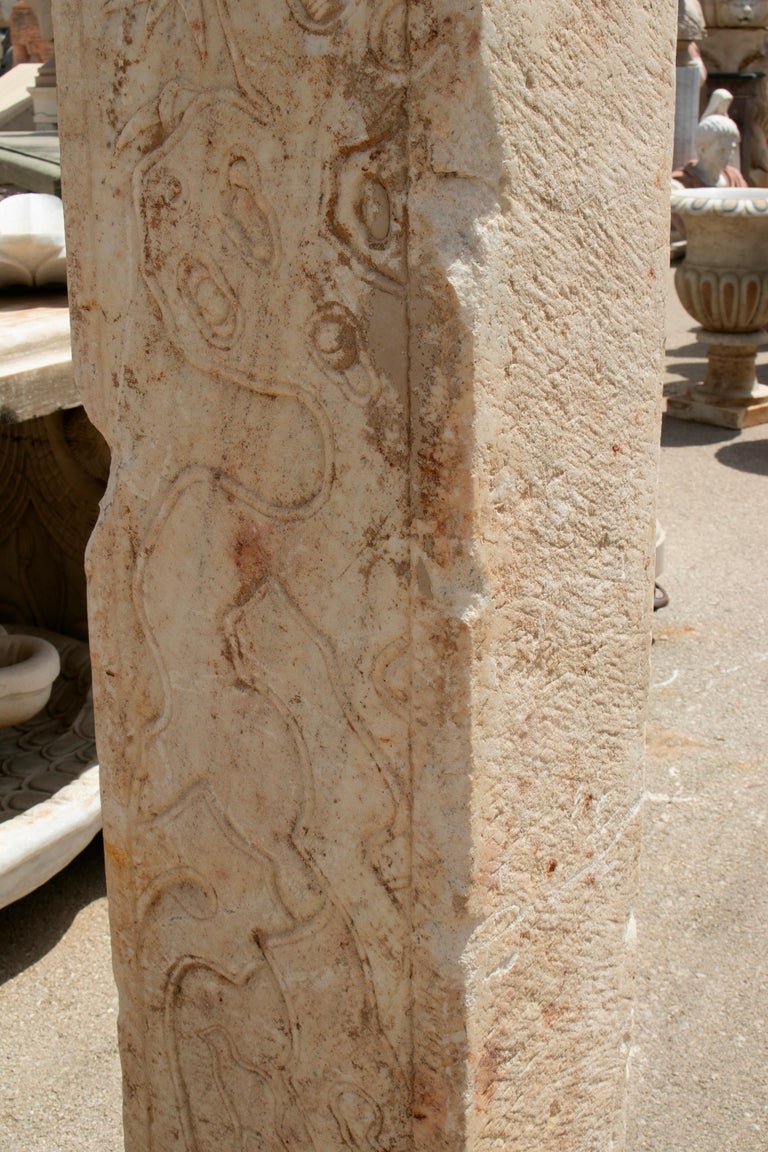 1990s Chinese Hand Carved Marble Square Pillar Decorated with Flowers ...