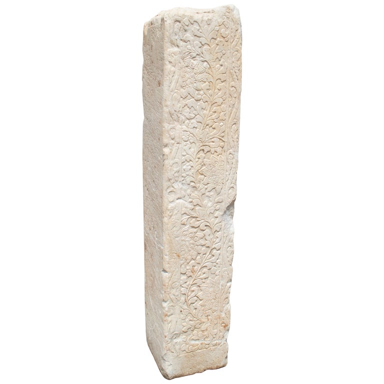1990s Chinese Hand Carved Marble Square Pillar Decorated with Flowers ...