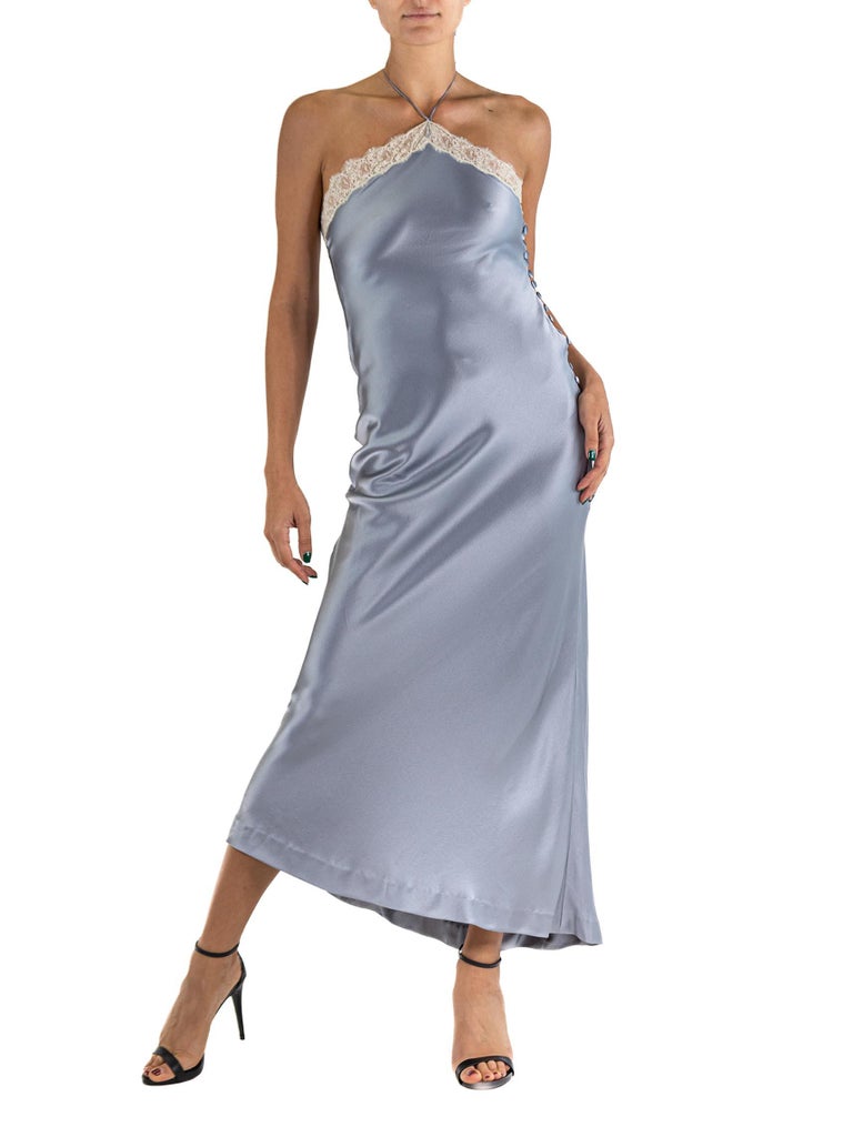 1990S CHLOE Silver Bias Cut Silk Charmeuse Halter Gown With Lace Trim ...