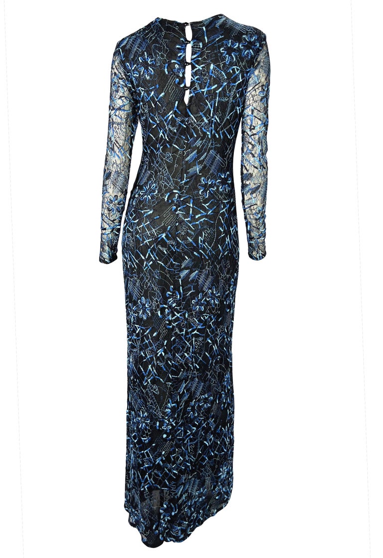 S/S 1998 Christian Lacroix Black Stretch Sheer Mesh Blue Embroidered ...
